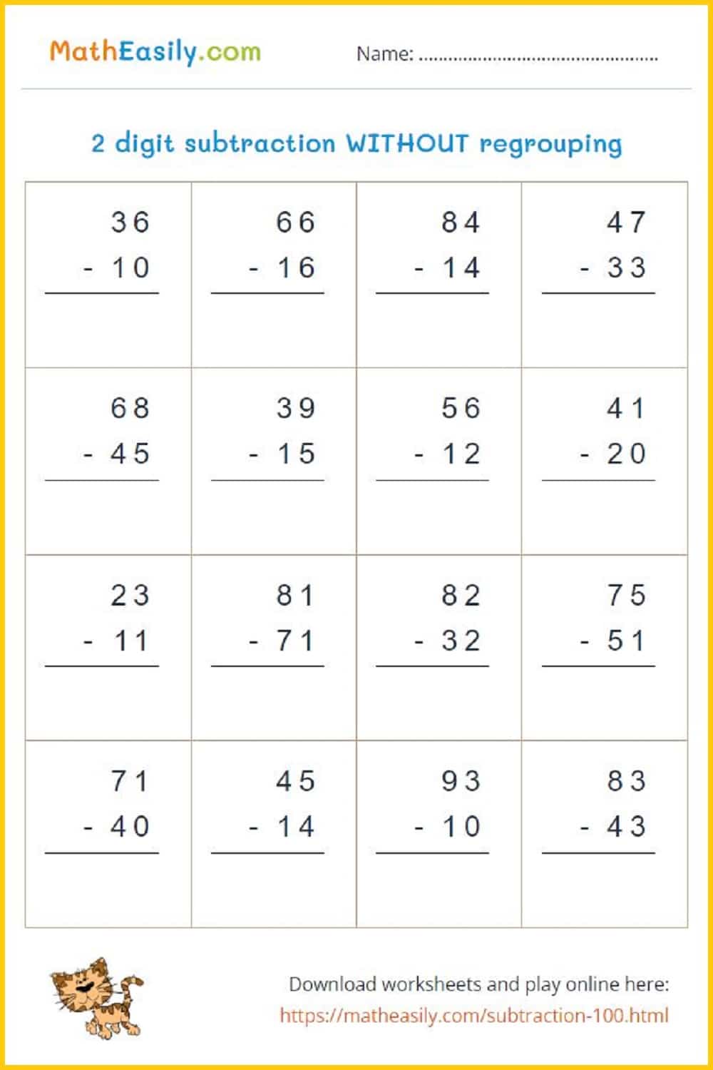 2 Digit Subtraction Games WITH / WITHOUT Regrouping - Worksheets Library