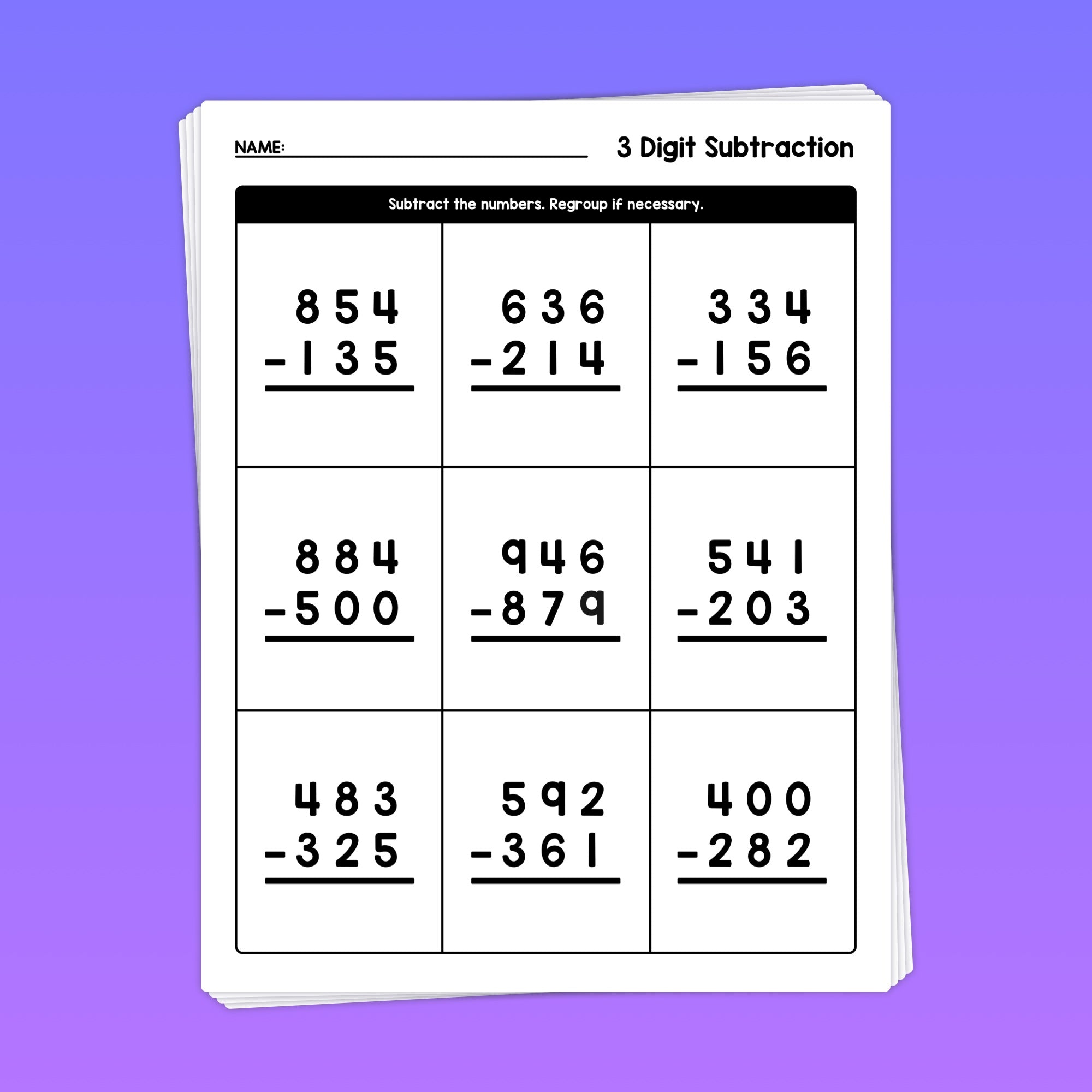 3-Digit Subtraction with Regrouping Worksheets (Printable PDF ...