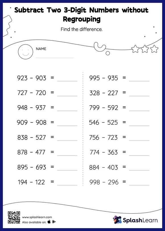 Subtract Two 3 Digit Numbers Without Regrouping Horizontal