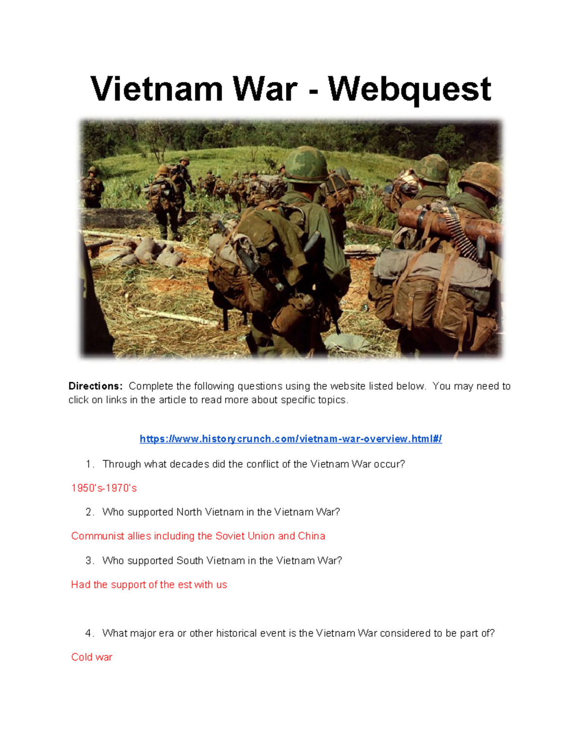 Vietnam War Webquest - Vietnam War - Webquest Directions: Complete ...
