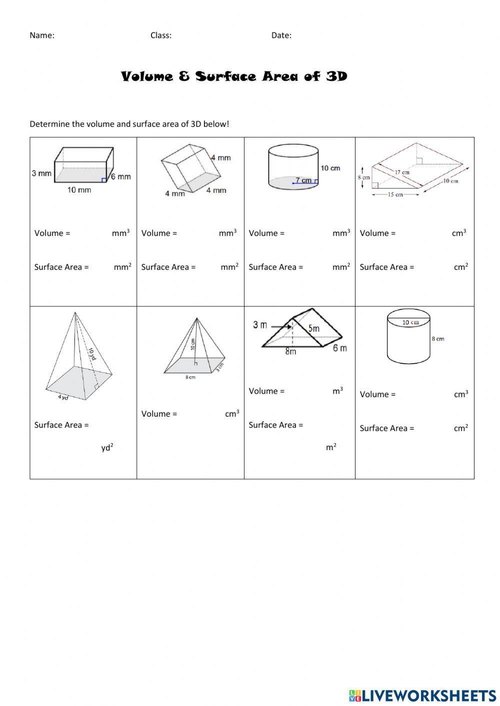 Volume and Surface Area of 3D Shapes worksheet | Live Worksheets ...
