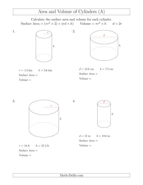 Calculating Surface Area and Volume of Cylinders (A) - Worksheets Library