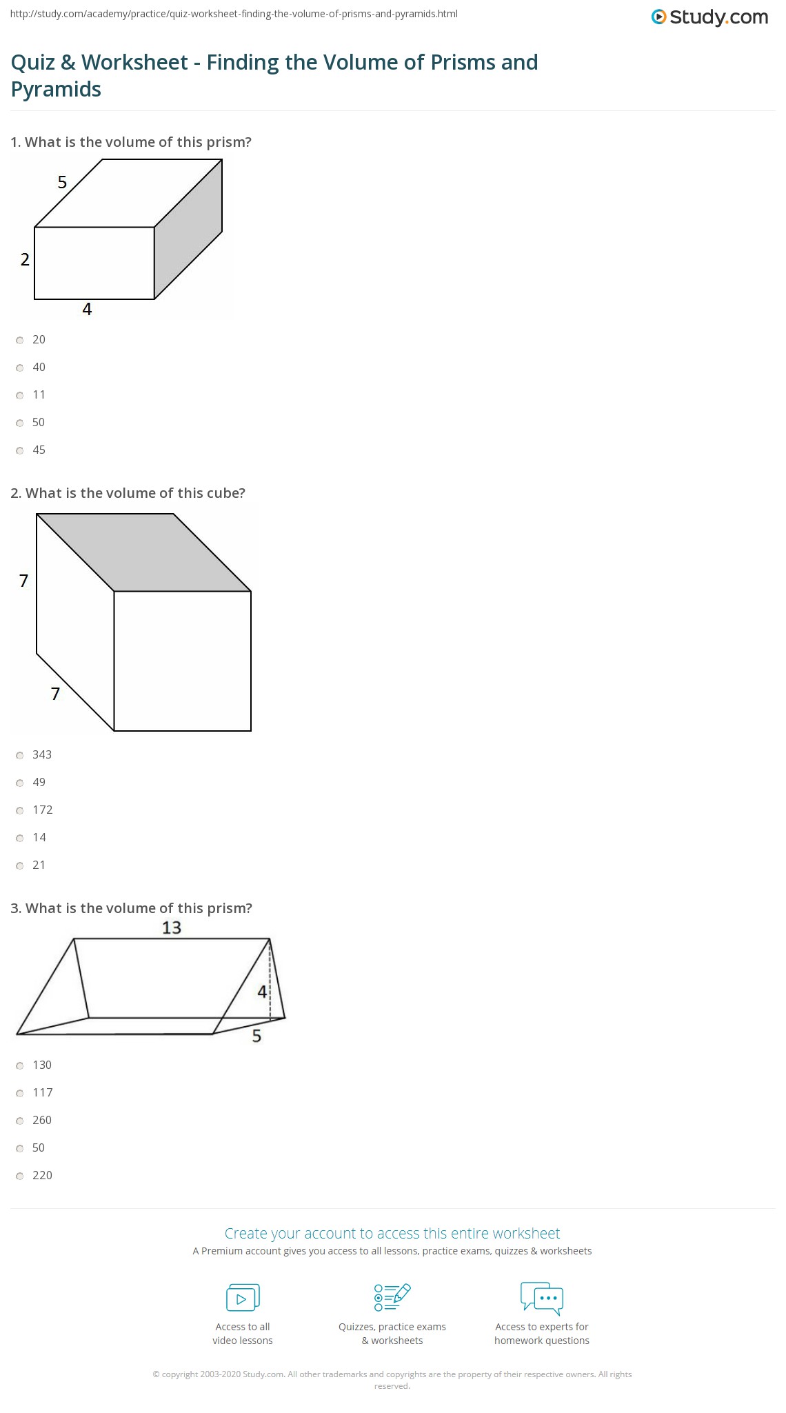 Quiz And Worksheet Finding The Volume Of Prisms And Pyramids Worksheets Library