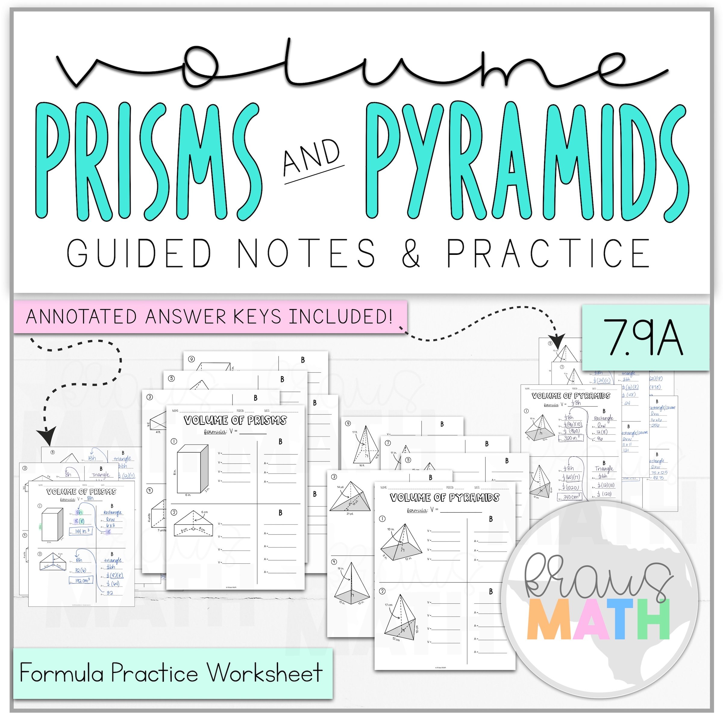Volume of Prisms & Pyramids Worksheet BUNDLE (TEKS 7.9A) - Kraus Math ...