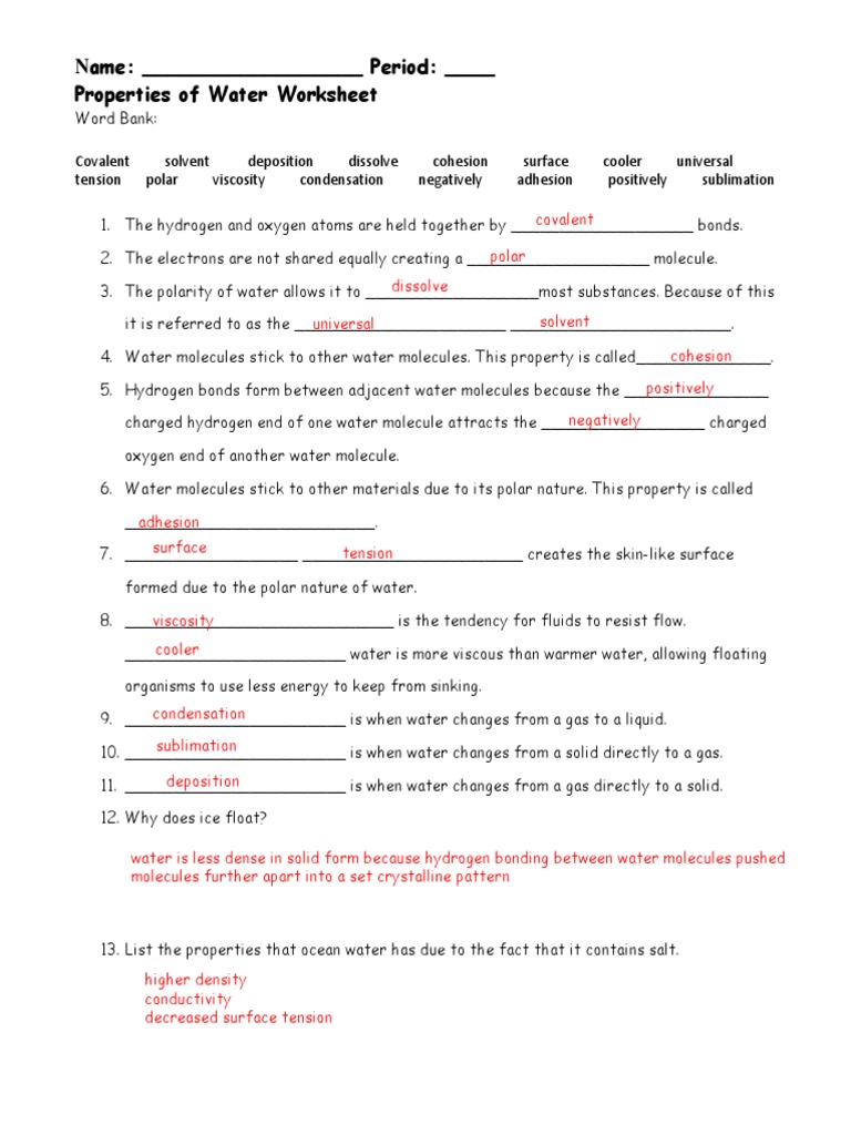 Properties Of Water Worksheet KEY PDF Properties Of Water Water Properties Of Water Worksheet KEY PDF Properties Of Water Water