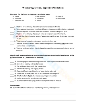 Free Printable Weathering Erosion and Deposition Worksheet - Worksheets ...