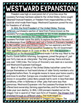 Westward Expansion Color by Number, Reading Passage Text Marking ...