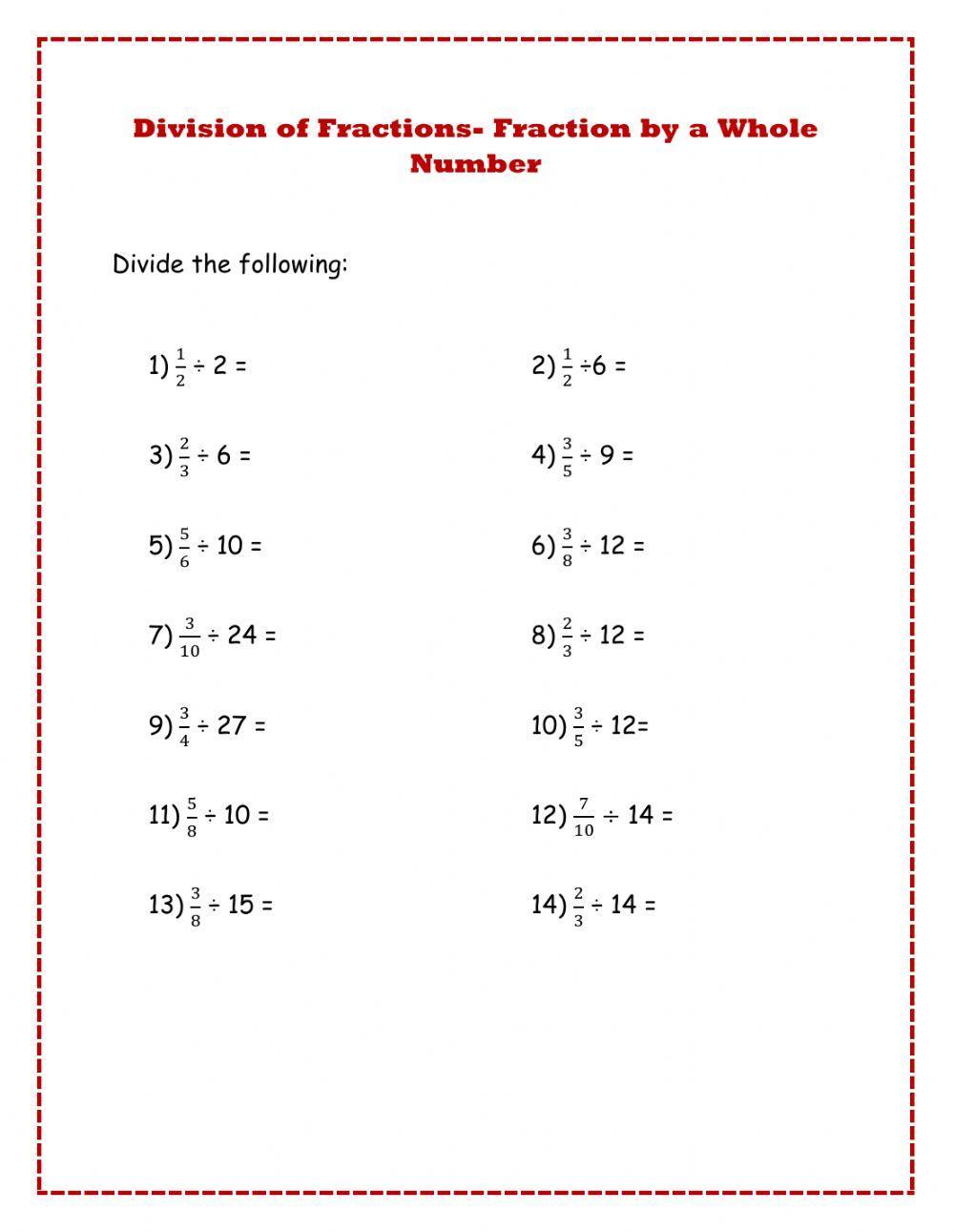 Dividing Fractions By A Whole Number Worksheet Live Worksheets Dividing Fractions By A Whole Number Worksheet Live Worksheets
