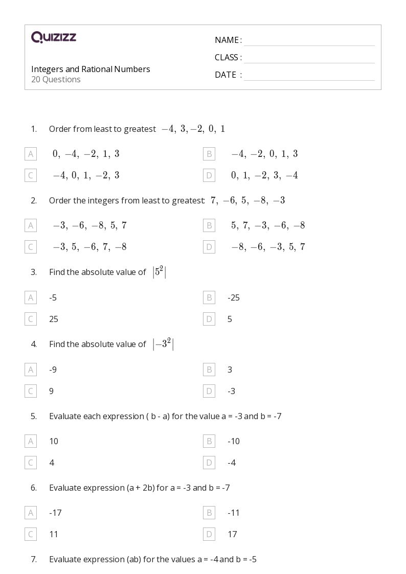 50+ Integers and Rational Numbers worksheets for 7th Grade on ...