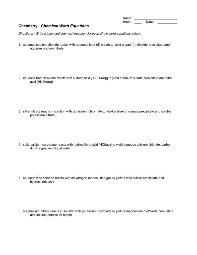 Word Equations And Types Of Chemical Reactions Lecture Notes
