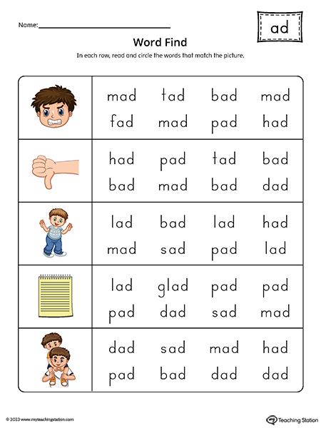 AD Word Family Word Find Printable PDF | MyTeachingStation.com - Worksheets Library
