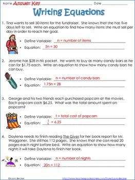 Writing Equations From Word Problems ~ Common Core 7.EE 6.EE ...