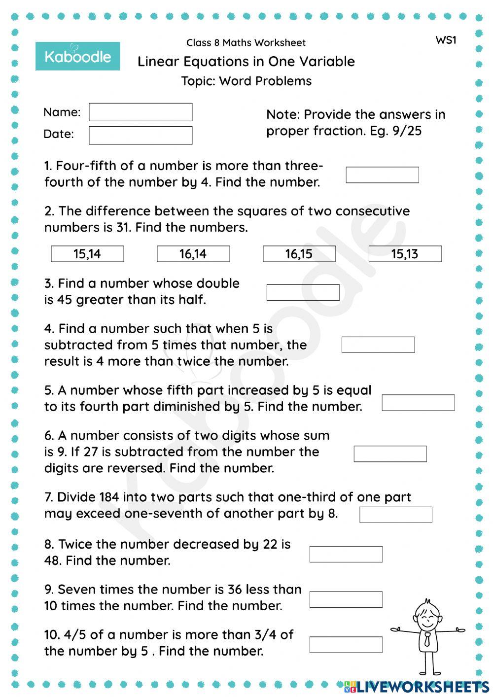 Linear Equations In One Variable Word Problems Worksheet Live Worksheets Library