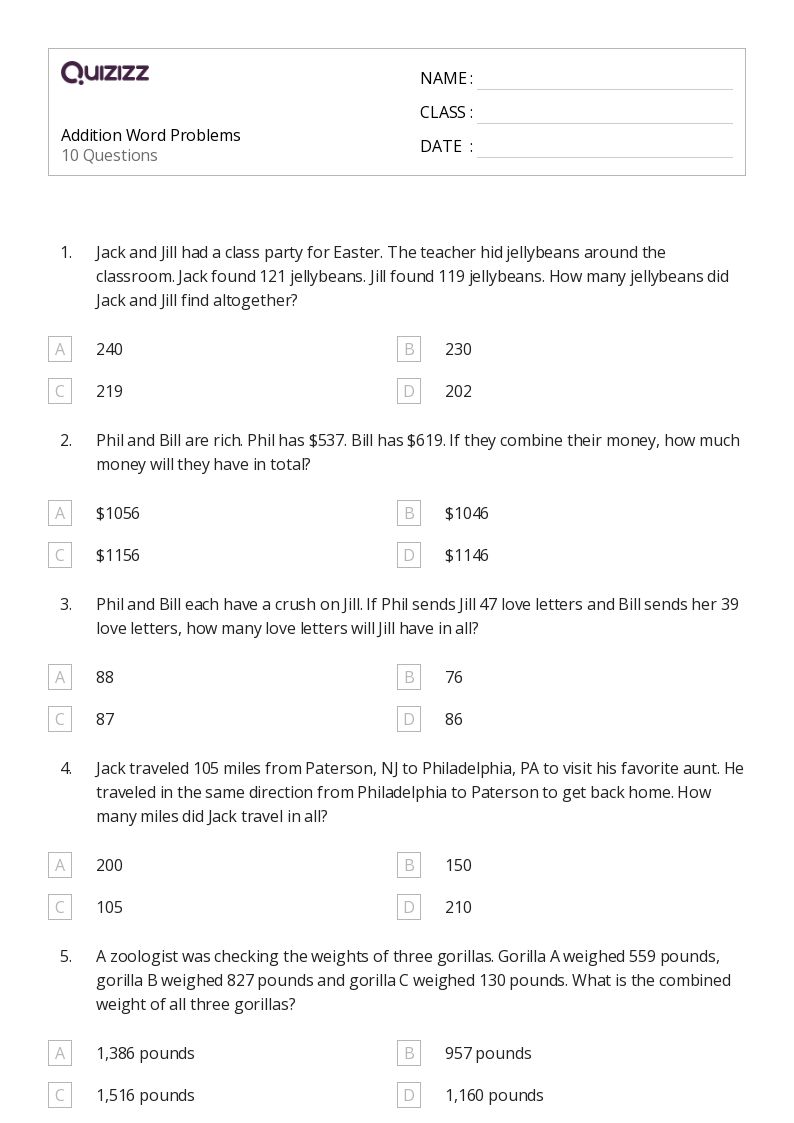 50+ Addition Word Problems worksheets for 4th Grade on Quizizz ...
