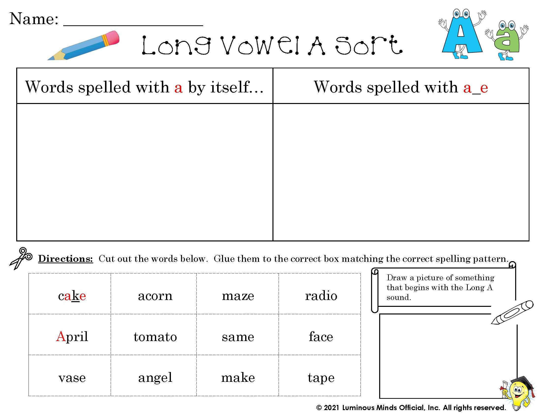 Long Vowel A Sort - Worksheets Library