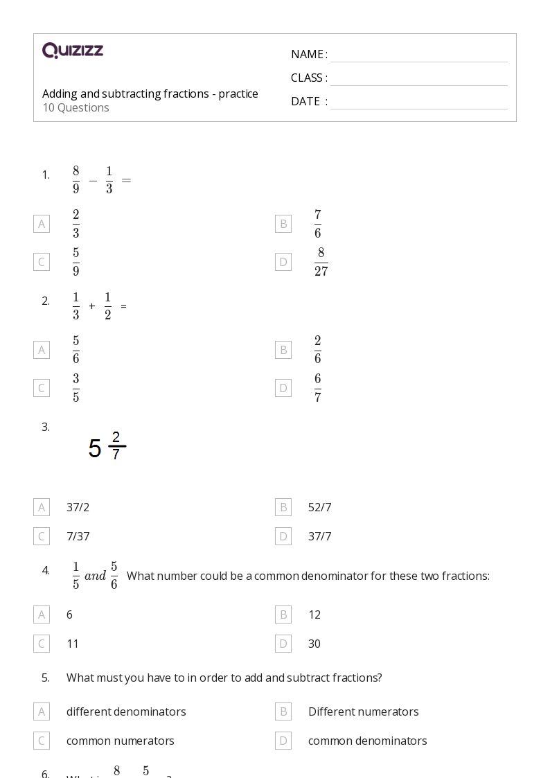 Adding And Subtracting Fractions Worksheet Worksheets Library