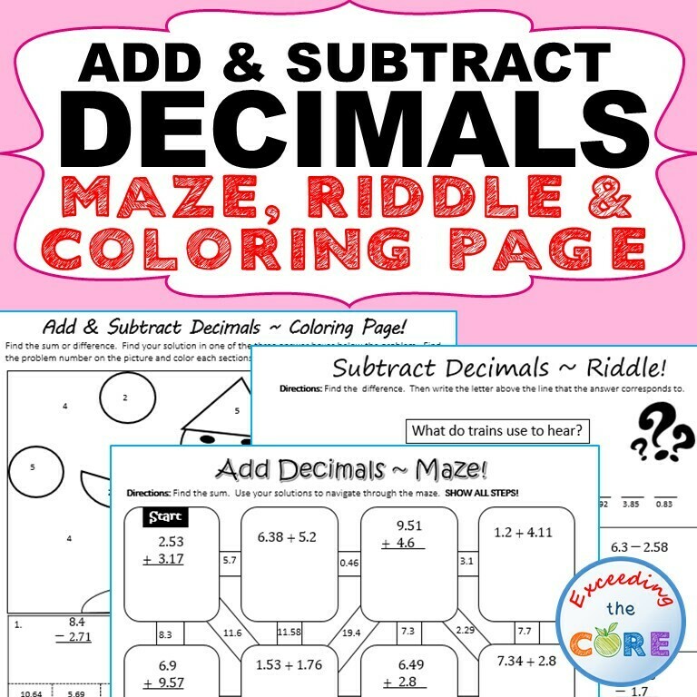 ADD AND SUBTRACT DECIMALS Maze, Riddle, Color by Number (Fun MATH ...