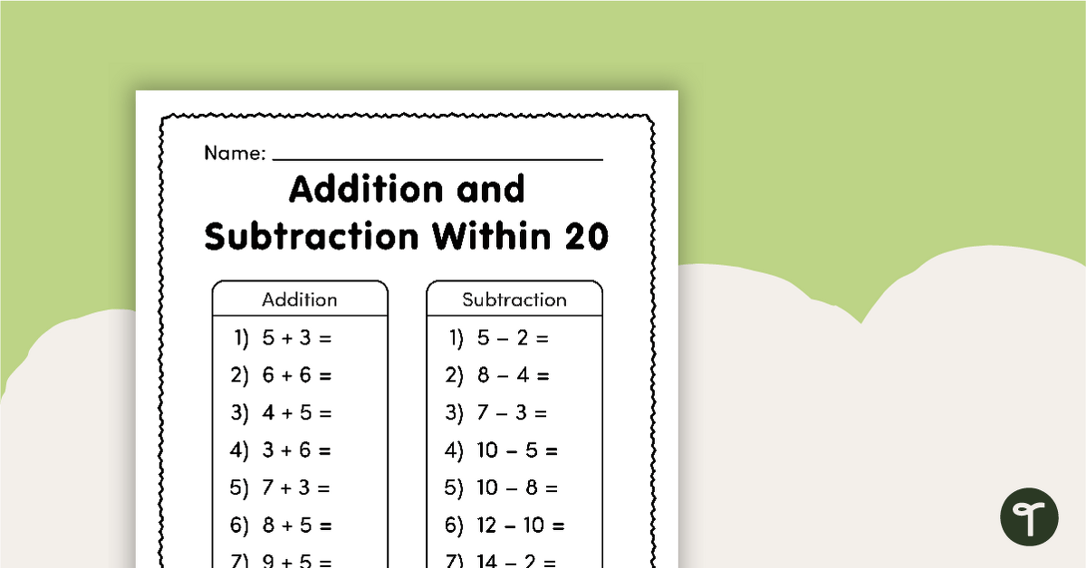 Addition And Subtraction Within 20 Worksheet Teach Starter