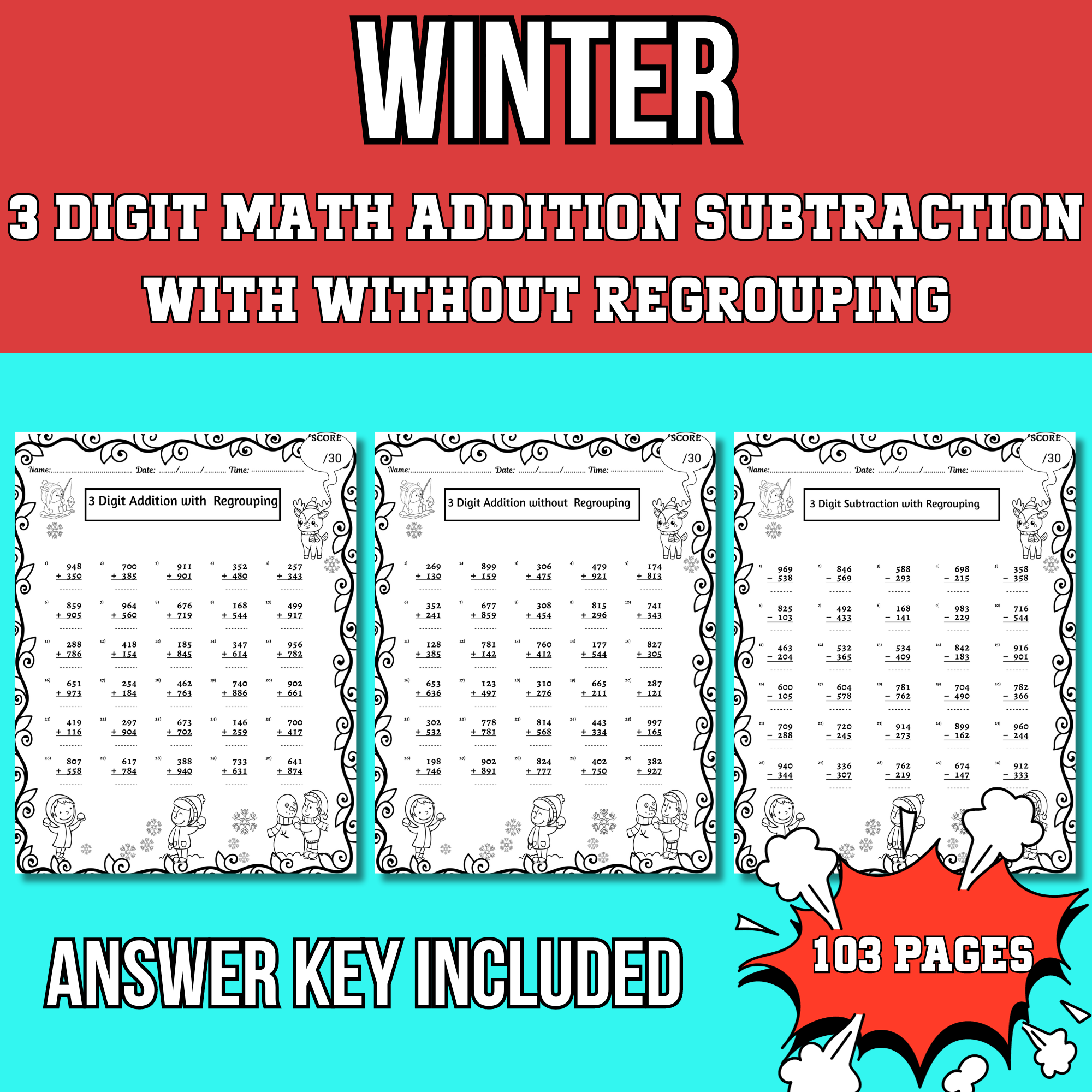 WINTER 3 Digit Addition and Subtraction With & Without Regrouping ...