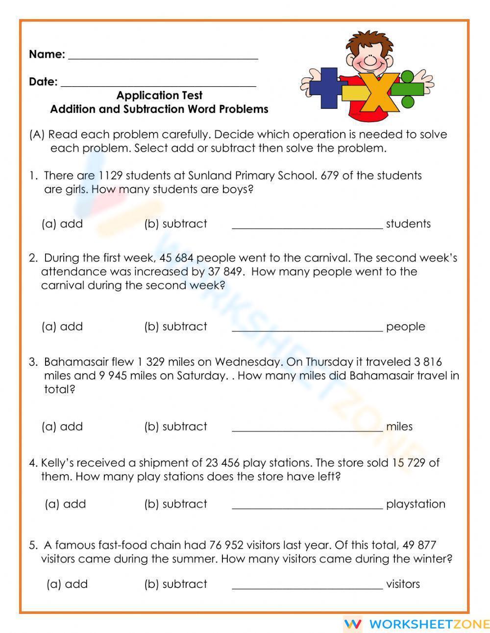 Addition And Subtraction Word Problems Worksheet Worksheets Library