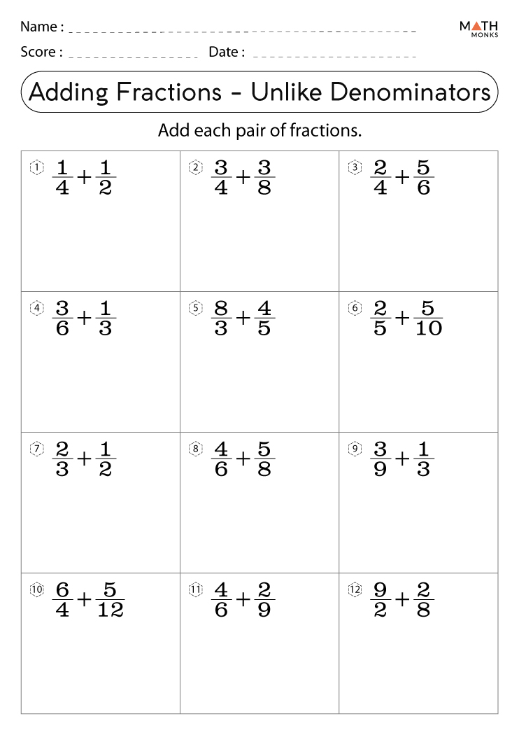 Free Worksheet Addition Of Fractions With Unlike Denominators Download Free Worksheet Addition