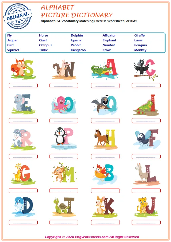 Alphabet ESL Vocabulary Matching Exercise Worksheet For Kids ... - Worksheets Library