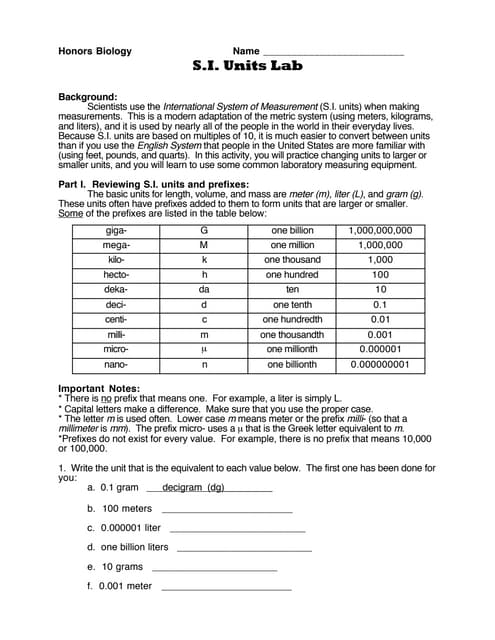 BIOLOGY SI UNITS LAB | PDF - Worksheets Library