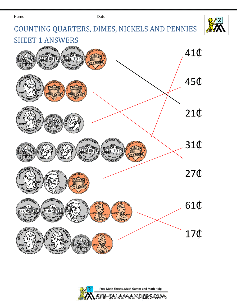 Money Worksheets for 2nd Grade Counting Money up to $1 - Worksheets Library