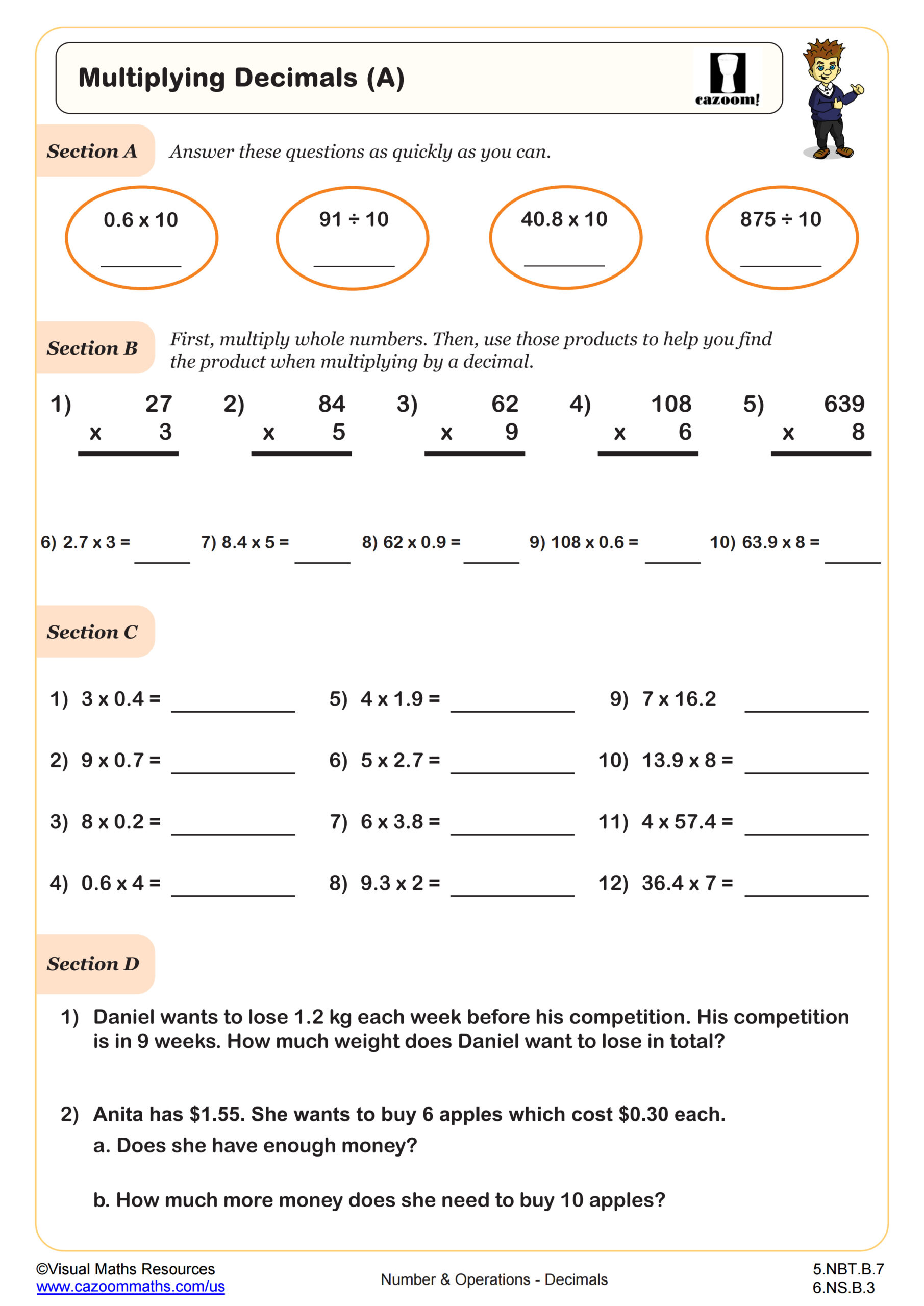 Multiplying Decimals A Worksheet Pdf Printable Number