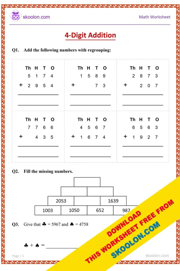 4 Digit Addition Worksheet-3 - skoolon.com - Worksheets Library