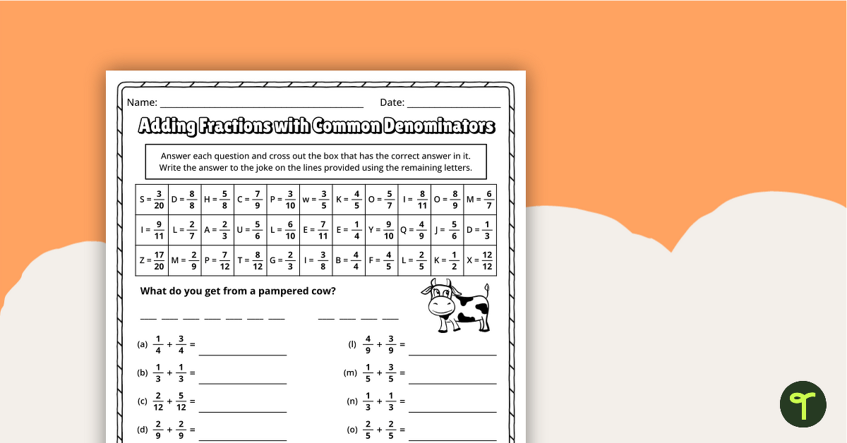 Adding Fractions With Common Denominators Worksheet Teach Starter