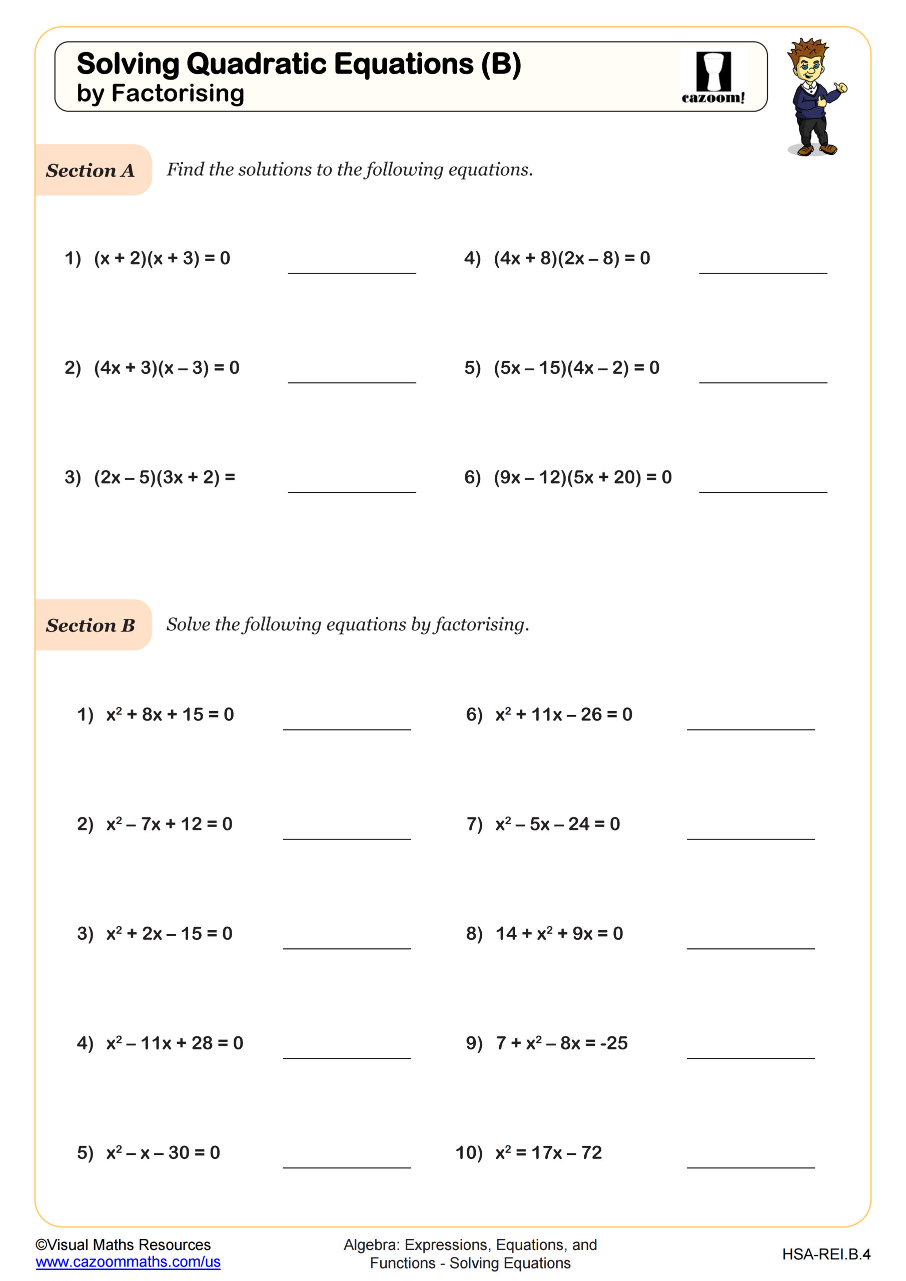Solving Quadratic Equations (B) - By Factoring Worksheet | Algebra ...