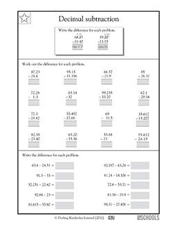 Subtracting decimals, larger numbers | 5th grade Math Worksheet ...