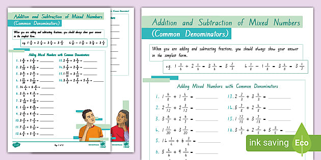 Adding and Subtracting Mixed Numbers (Common Denominators) - Worksheets ...