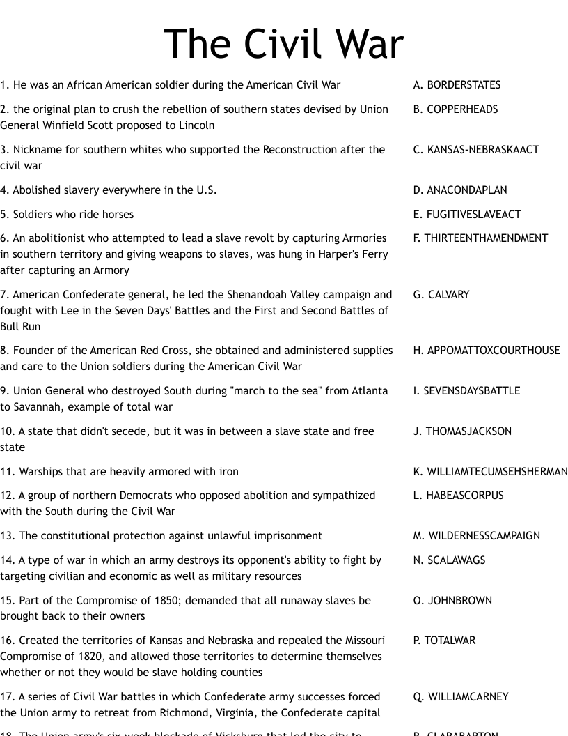 The Civil War Worksheet - WordMint - Worksheets Library