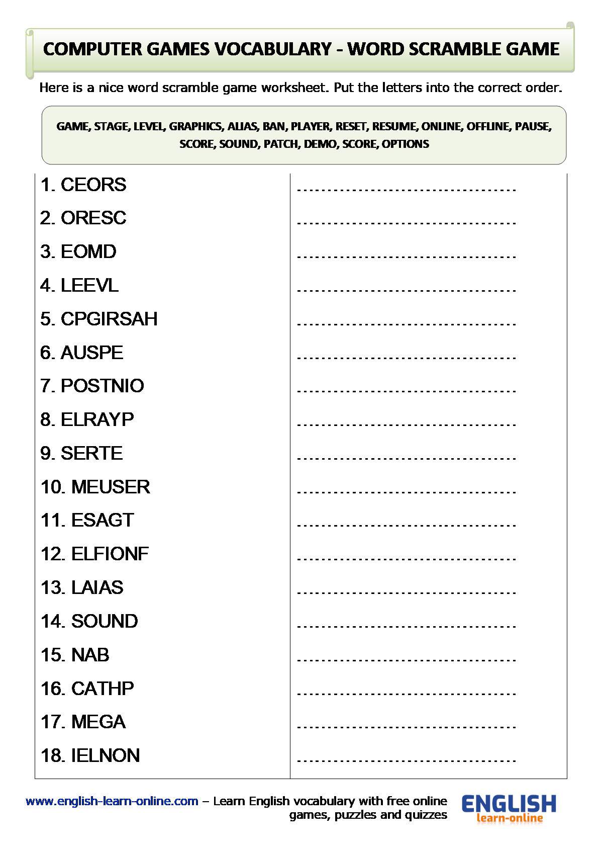 Computer Games Expressions | Learn English - Worksheets Library