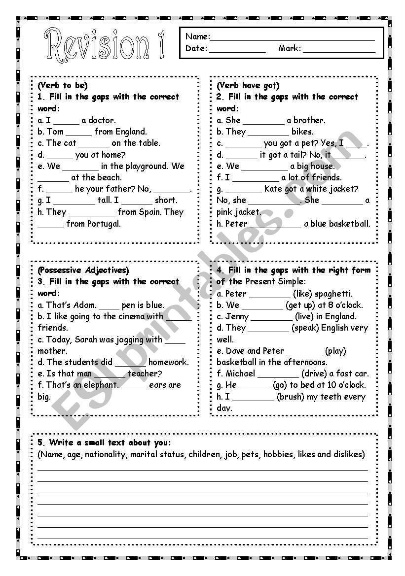 Revision 1 (with answer key) - ESL worksheet by cgbraga - Worksheets ...