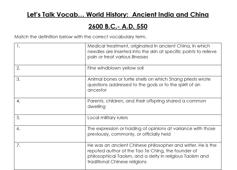 World History: Ancient India and China Worksheet | Made By Teachers ...