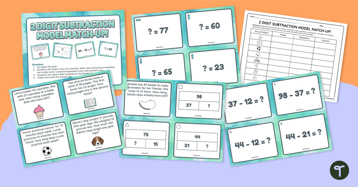 2 Digit Subtraction Model Match Up Teach Starter Worksheets Library
