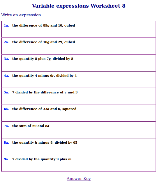 Free Worksheets For Variable Expressions Worksheets Library