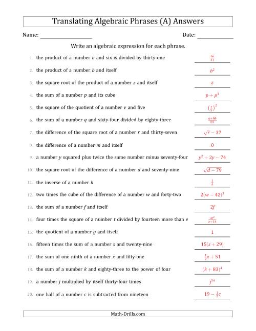 Translating Algebraic Phrases Complex Version A Worksheets Library