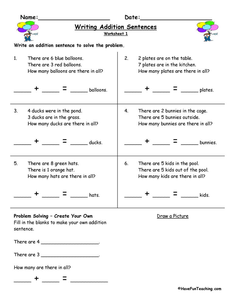Writing Addition Sentences Worksheet - Have Fun Teaching - Worksheets Library