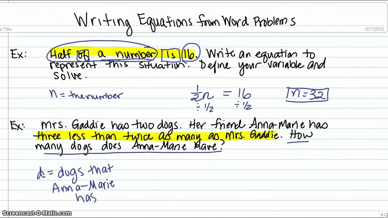 Writing Equations from Word Problems - Worksheets Library