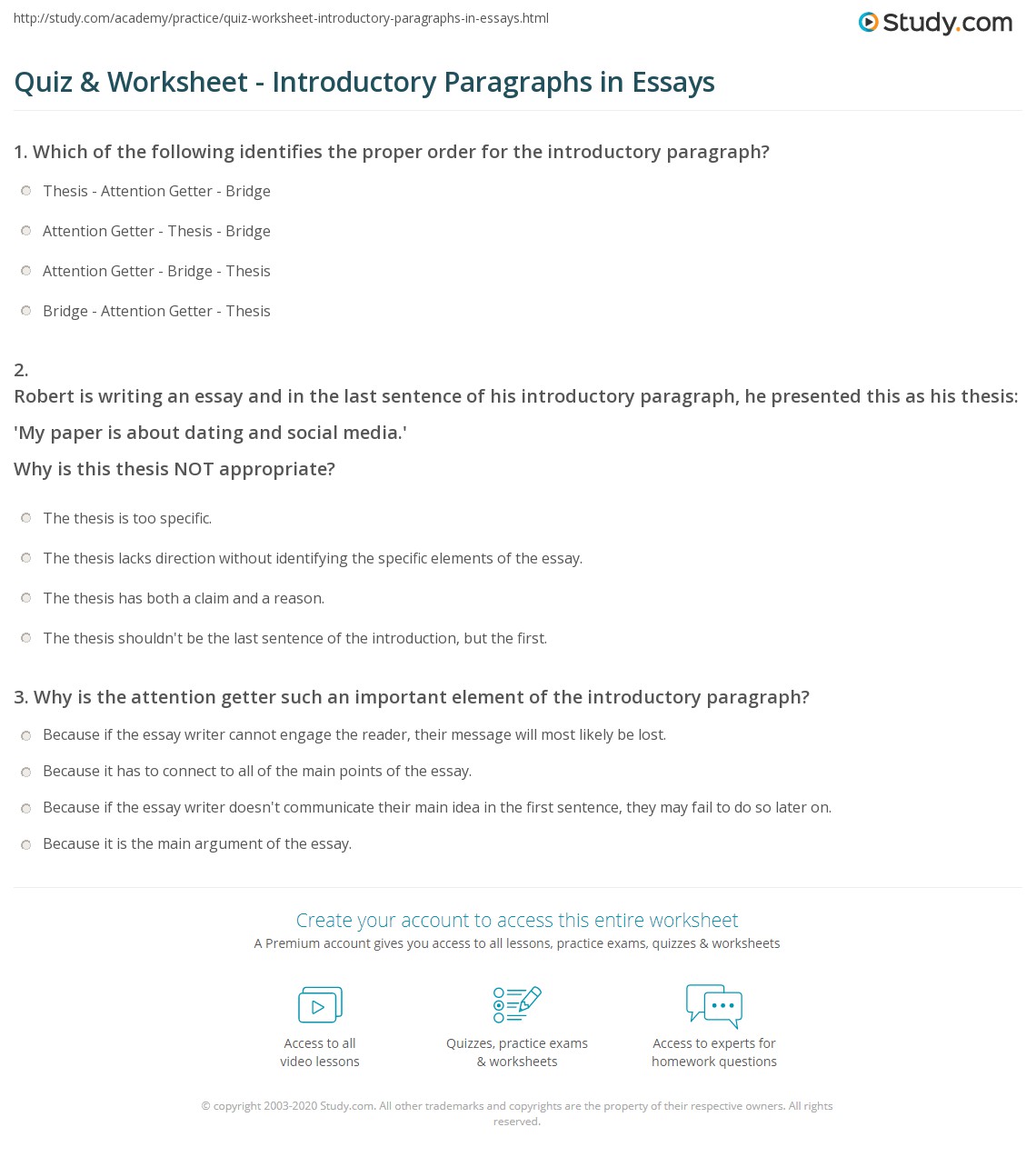 Quiz And Worksheet Introductory Paragraphs In Essays