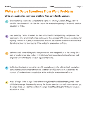Write and Solve Equations From Word Problems | Worksheet ...