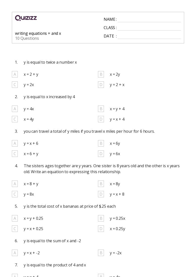50+ Writing Equations worksheets on Quizizz | Free & Printable ...