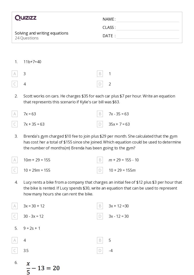 50 Writing Equations Worksheets For 3rd Class On Quizizz Free