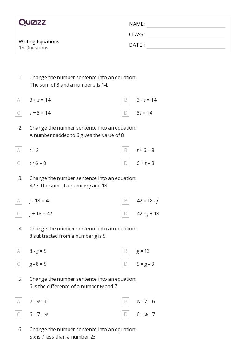50+ Writing Equations worksheets for 6th Grade on Quizizz | Free ...