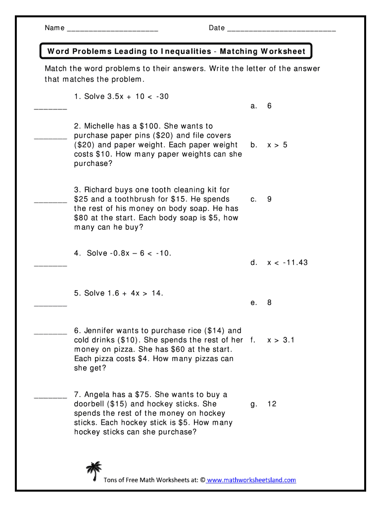 Inequality Word Problems Worksheet - Fill Online, Printable ...