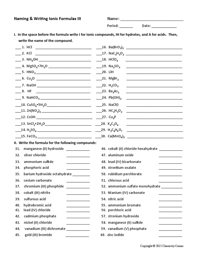 Naming And Writing Ionic Formulas Iii Pdf Acid Hydroxide